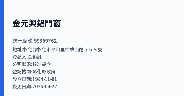 金元興鋁門窗的照片-統編 59359762(彰化縣) 公司登記資料與營業項目詳細圖表