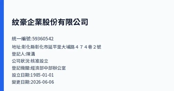 紋豪企業股份有限公司的照片-統編 59360542(彰化縣) 公司登記資料與營業項目詳細圖表
