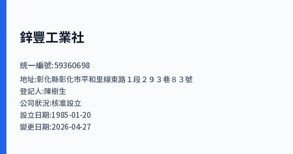 鋅豐工業社的照片-統編 59360698(彰化縣) 公司登記資料與營業項目詳細圖表