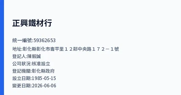 正興鐵材行的照片-統編 59362653(彰化縣) 公司登記資料與營業項目詳細圖表
