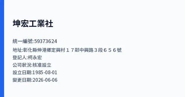 坤宏工業社的照片-統編 59373624(彰化縣) 公司登記資料與營業項目詳細圖表