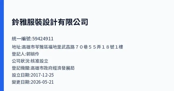 鈴雅服裝設計有限公司的照片-統編 59424911(高雄市) 公司登記資料與營業項目詳細圖表