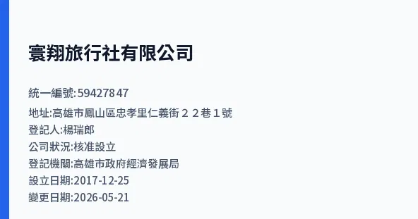 寰翔旅行社有限公司的照片-統編 59427847(高雄市) 公司登記資料與營業項目詳細圖表