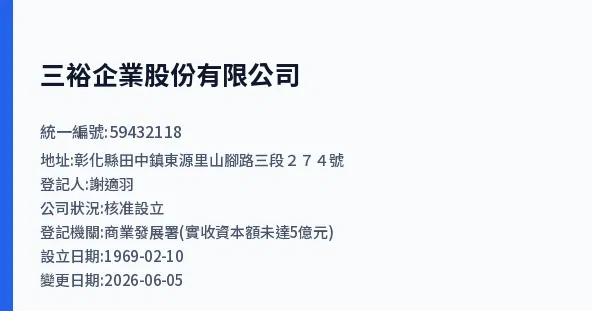 三裕企業股份有限公司的照片-統編 59432118(彰化縣) 公司登記資料與營業項目詳細圖表