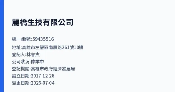 麗橋生技有限公司的照片-統編 59435516(高雄市) 公司登記資料與營業項目詳細圖表