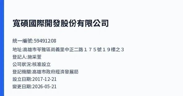 寬碩國際開發股份有限公司的照片-統編 59491208(高雄市) 公司登記資料與營業項目詳細圖表