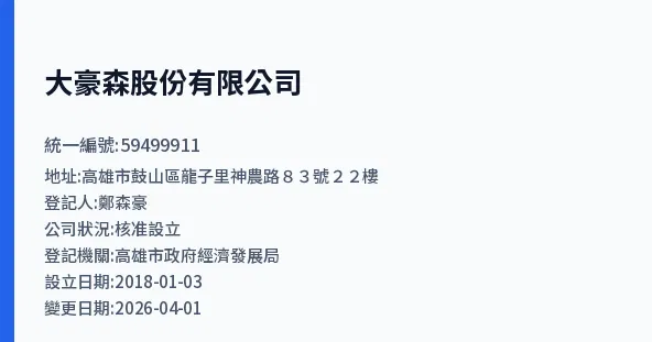 大豪森股份有限公司的照片-統編 59499911(高雄市) 公司登記資料與營業項目詳細圖表