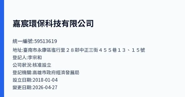 嘉宸環保科技有限公司的照片-統編 59513619(臺南市) 公司登記資料與營業項目詳細圖表