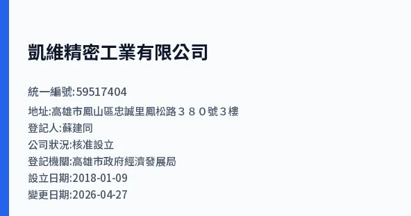 凱維精密工業有限公司的照片-統編 59517404(高雄市) 公司登記資料與營業項目詳細圖表