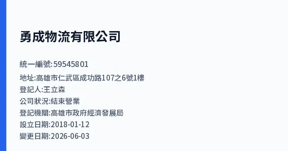 勇成物流有限公司的照片-統編 59545801(高雄市) 公司登記資料與營業項目詳細圖表