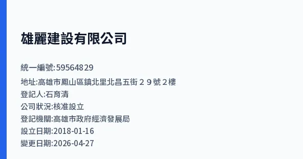 雄麗建設有限公司的照片-統編 59564829(高雄市) 公司登記資料與營業項目詳細圖表