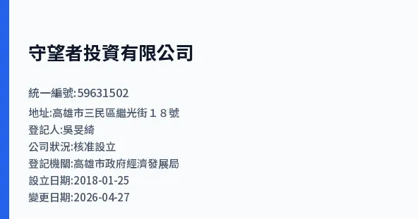 守望者投資有限公司的照片-統編 59631502(高雄市) 公司登記資料與營業項目詳細圖表