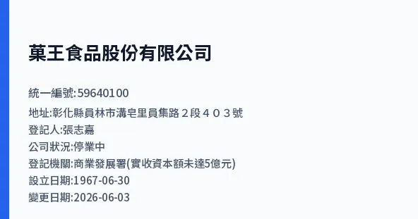 菓王食品股份有限公司的照片-統編 59640100(彰化縣) 公司登記資料與營業項目詳細圖表