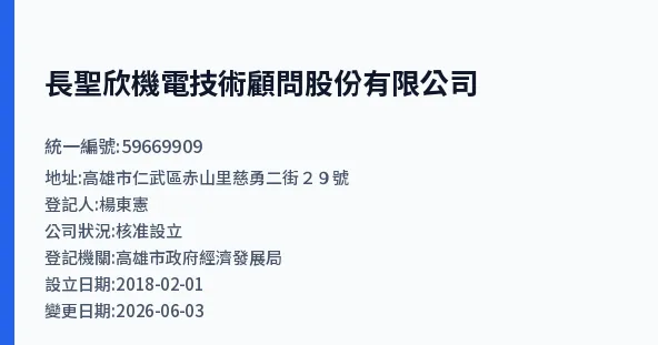長聖欣機電技術顧問股份有限公司的照片-統編 59669909(高雄市) 公司登記資料與營業項目詳細圖表