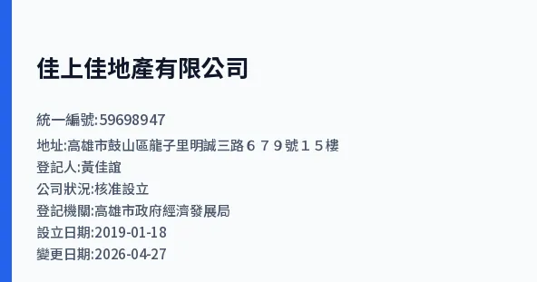 佳上佳地產有限公司的照片-統編 59698947(高雄市) 公司登記資料與營業項目詳細圖表