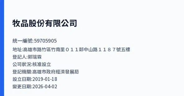 牧品股份有限公司的照片-統編 59705905(高雄市) 公司登記資料與營業項目詳細圖表
