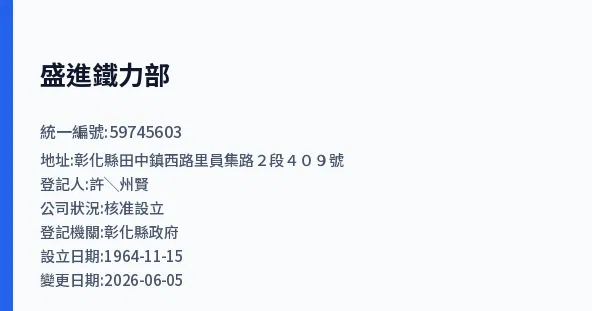 盛進鐵力部的照片-統編 59745603(彰化縣) 公司登記資料與營業項目詳細圖表