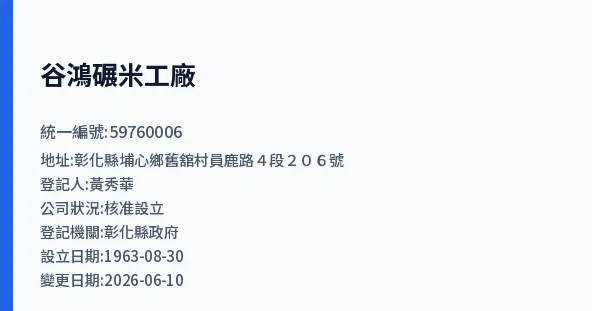 谷鴻碾米工廠的照片-統編 59760006(彰化縣) 公司登記資料與營業項目詳細圖表