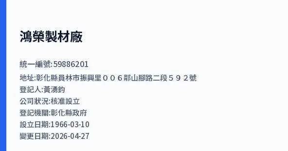 鴻榮製材廠的照片-統編 59886201(彰化縣) 公司登記資料與營業項目詳細圖表