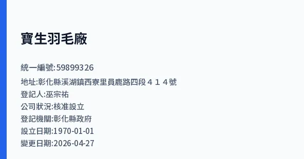 寶生羽毛廠的照片-統編 59899326(彰化縣) 公司登記資料與營業項目詳細圖表