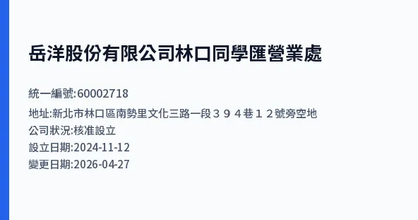 岳洋股份有限公司林口同學匯營業處的照片-統編 60002718(新北市) 公司登記資料與營業項目詳細圖表