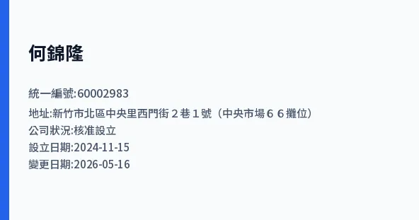 何錦隆的照片-統編 60002983(新竹市) 公司登記資料與營業項目詳細圖表