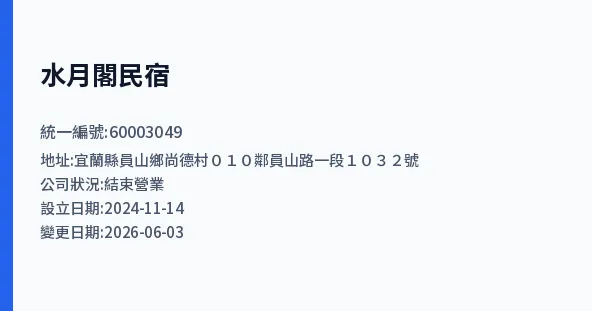 水月閣民宿的照片-統編 60003049(宜蘭縣) 公司登記資料與營業項目詳細圖表