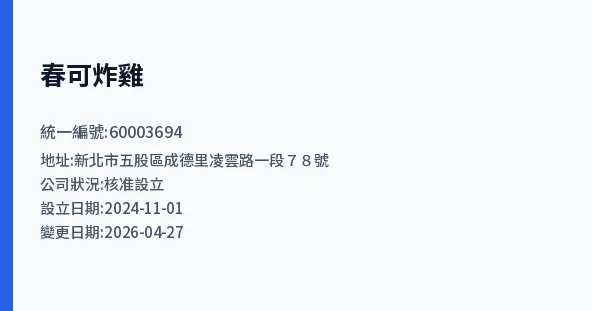春可炸雞的照片-統編 60003694(新北市) 公司登記資料與營業項目詳細圖表