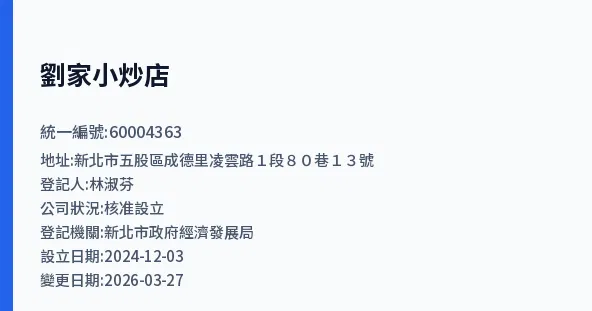 劉家小炒店的照片-統編 60004363(新北市) 公司登記資料與營業項目詳細圖表