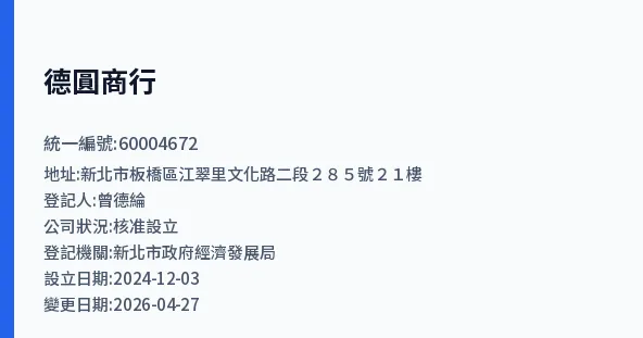 德圓商行的照片-統編 60004672(新北市) 公司登記資料與營業項目詳細圖表