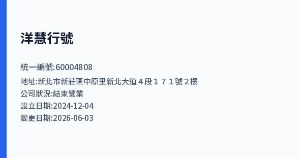 洋慧行號的照片-統編 60004808(新北市) 公司登記資料與營業項目詳細圖表
