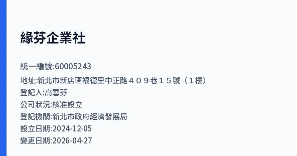 緣芬企業社的照片-統編 60005243(新北市) 公司登記資料與營業項目詳細圖表