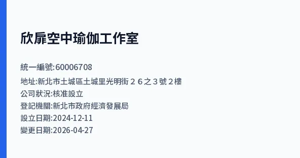 欣扉空中瑜伽工作室的照片-統編 60006708(新北市) 公司登記資料與營業項目詳細圖表