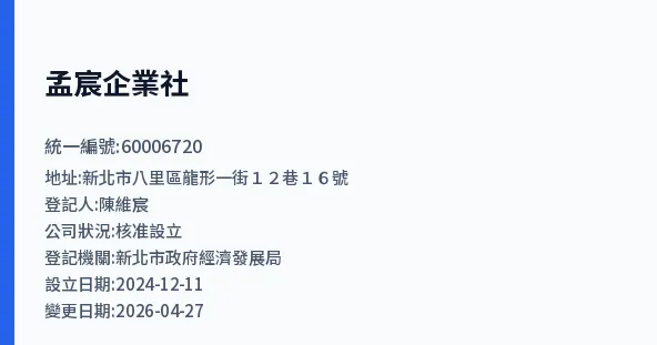 孟宸企業社的照片-統編 60006720(新北市) 公司登記資料與營業項目詳細圖表