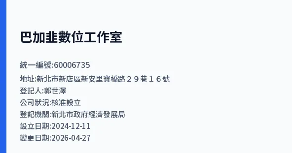 巴加韭數位工作室的照片-統編 60006735(新北市) 公司登記資料與營業項目詳細圖表