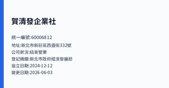 賀清發企業社的照片-統編 60006812(新北市) 公司登記資料與營業項目詳細圖表