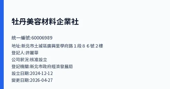 牡丹美容材料企業社的照片-統編 60006989(新北市) 公司登記資料與營業項目詳細圖表