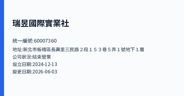瑞昱國際實業社的照片-統編 60007360(新北市) 公司登記資料與營業項目詳細圖表