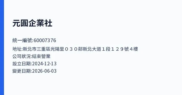 元圓企業社的照片-統編 60007376(新北市) 公司登記資料與營業項目詳細圖表