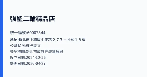 強聖二輪精品店的照片-統編 60007544(新北市) 公司登記資料與營業項目詳細圖表