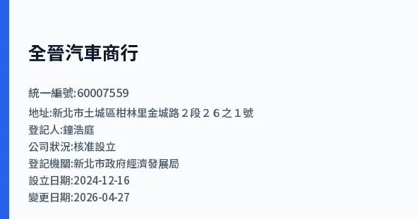 全晉汽車商行的照片-統編 60007559(新北市) 公司登記資料與營業項目詳細圖表