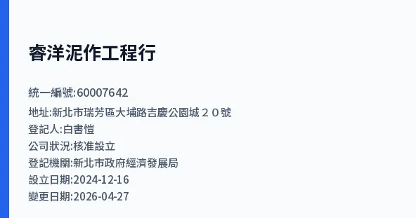 睿洋泥作工程行的照片-統編 60007642(新北市) 公司登記資料與營業項目詳細圖表