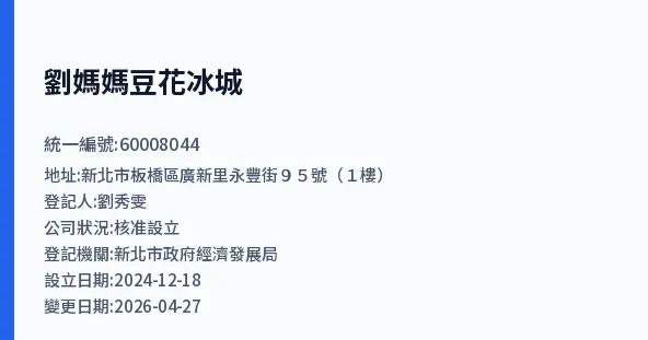 劉媽媽豆花冰城的照片-統編 60008044(新北市) 公司登記資料與營業項目詳細圖表