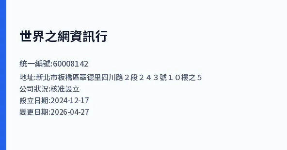世界之網資訊行的照片-統編 60008142(新北市) 公司登記資料與營業項目詳細圖表
