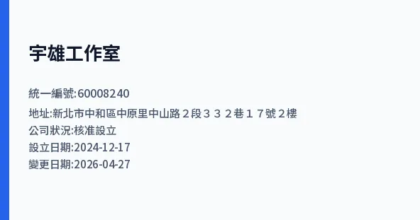 宇雄工作室的照片-統編 60008240(新北市) 公司登記資料與營業項目詳細圖表