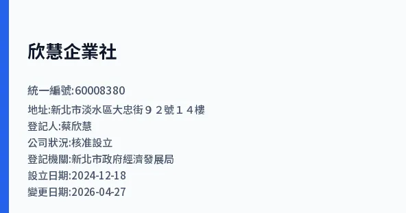 欣慧企業社的照片-統編 60008380(新北市) 公司登記資料與營業項目詳細圖表