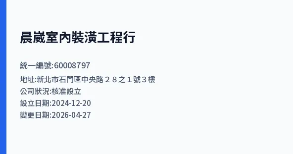 晨崴室內裝潢工程行的照片-統編 60008797(新北市) 公司登記資料與營業項目詳細圖表