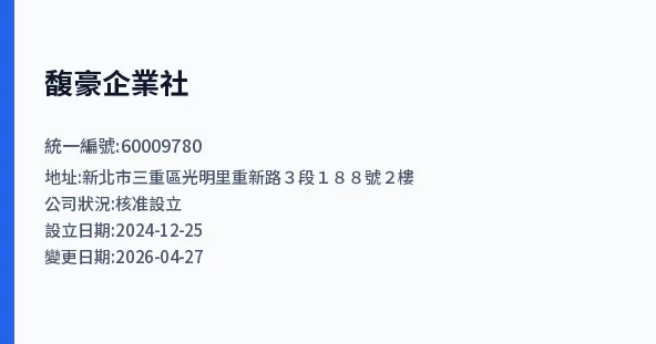 馥豪企業社的照片-統編 60009780(新北市) 公司登記資料與營業項目詳細圖表