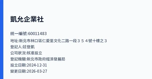 凱允企業社的照片-統編 60011483(新北市) 公司登記資料與營業項目詳細圖表