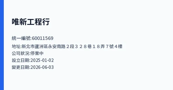唯新工程行的照片-統編 60011569(新北市) 公司登記資料與營業項目詳細圖表